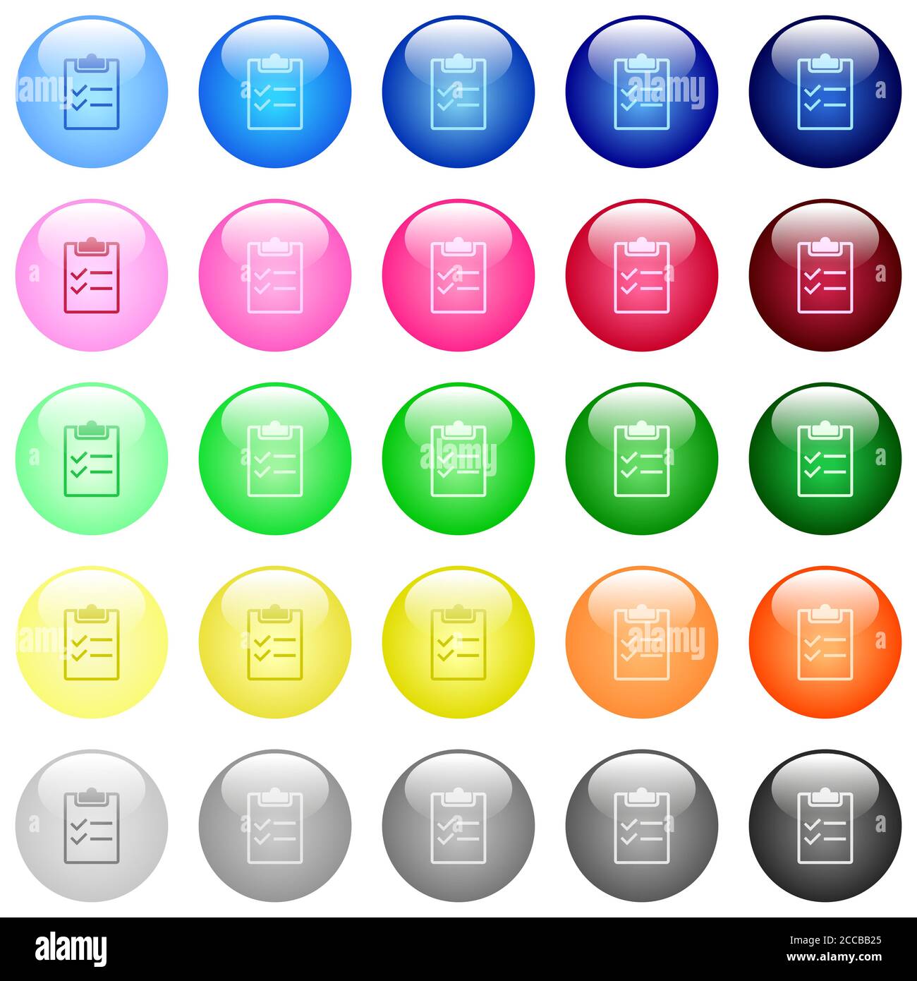 Checklist icons in set of 25 color glossy spherical buttons Stock ...