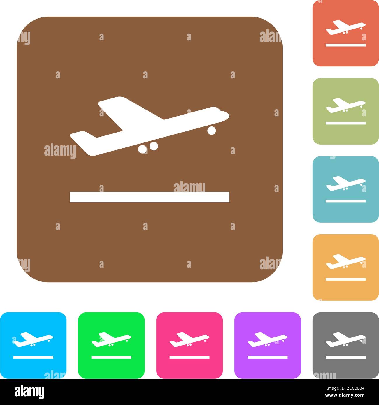 Airplane take off flat icons on rounded square vivid color backgrounds ...