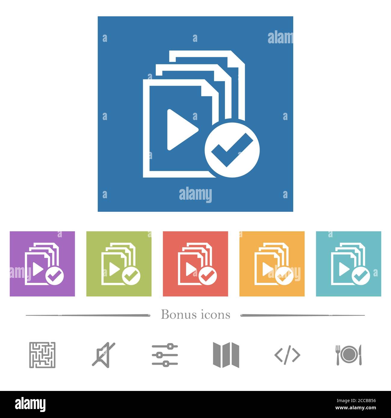 Playlist done flat white icons in square backgrounds. 6 bonus icons ...