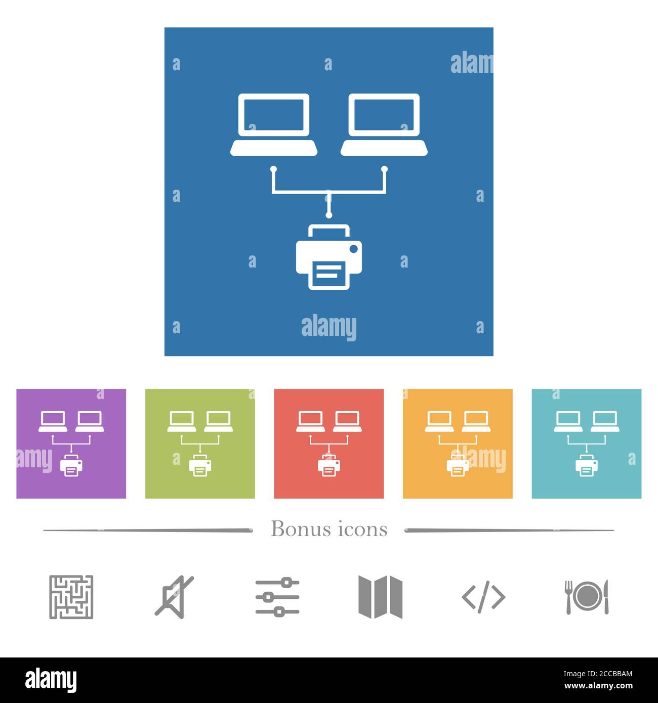 Network printing flat white icons in square backgrounds. 6 bonus icons ...