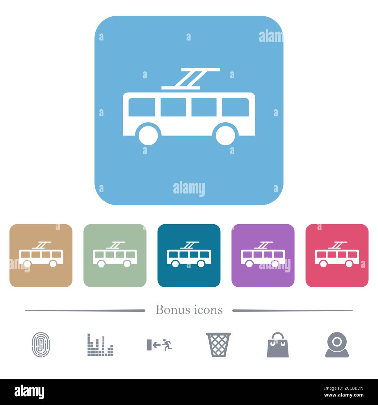 Trolley bus white flat icons on color rounded square backgrounds. 6 ...