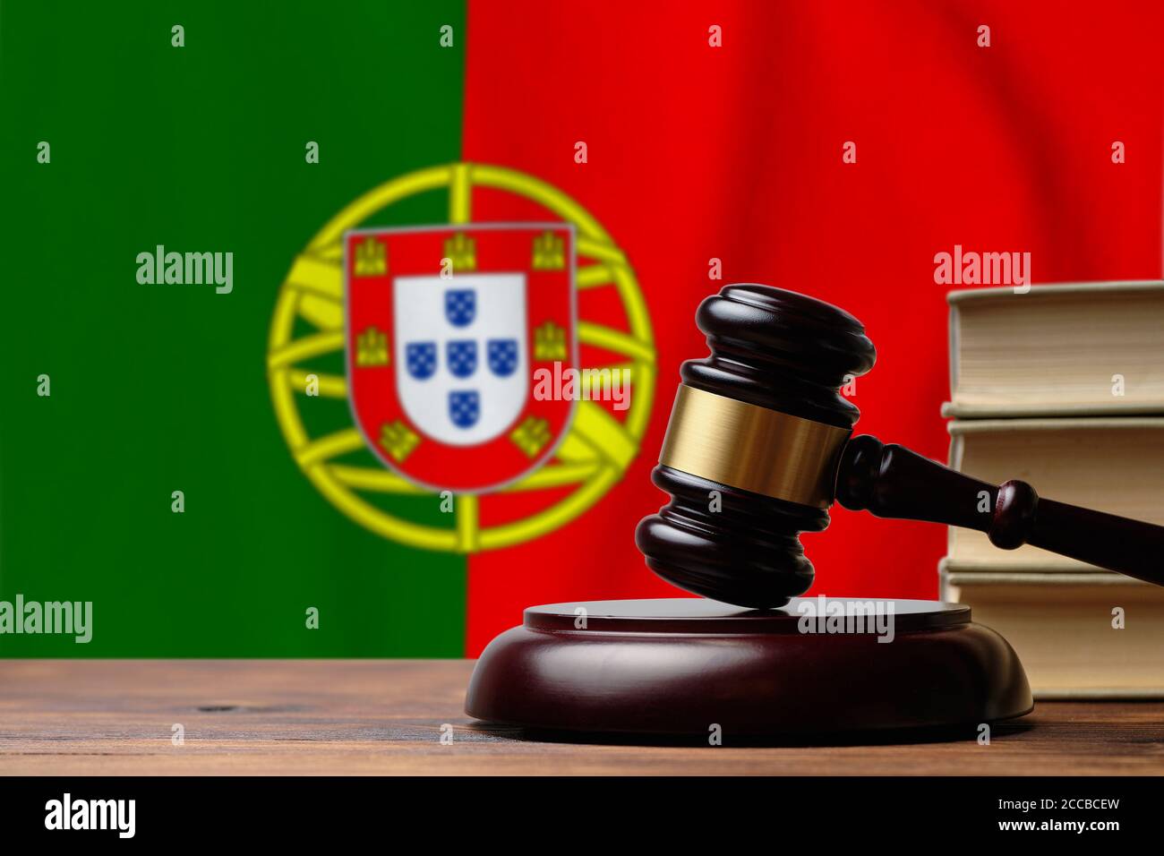 Justice and court concept in Portuguese Republic. Judge hammer on a ...