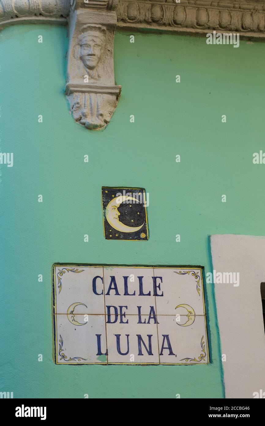 Ceramic tile moon and street sign in the historic colonial city of Old ...