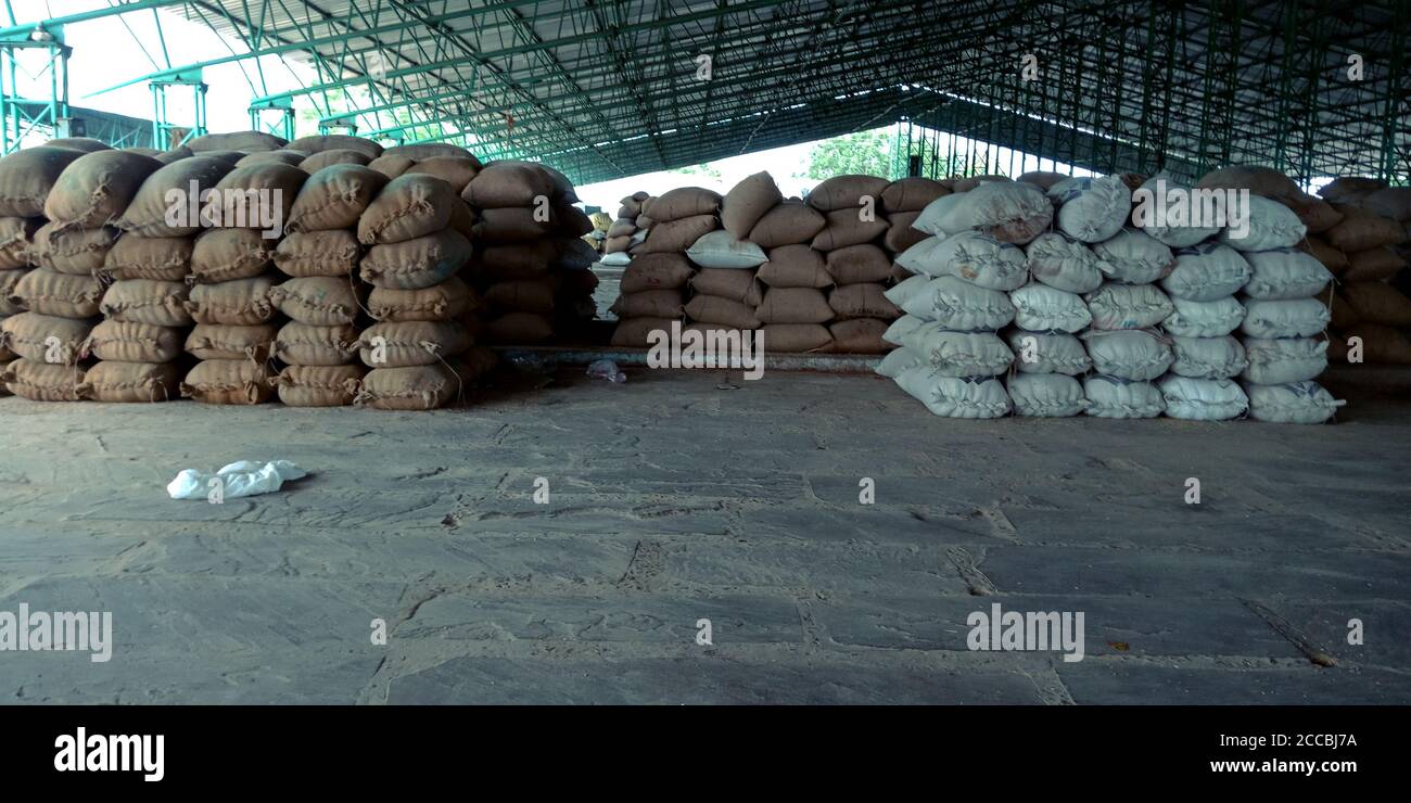 DISTRICT KATNI, INDIA - AUGUST 03, 2019: whole wheat grain sacks ...