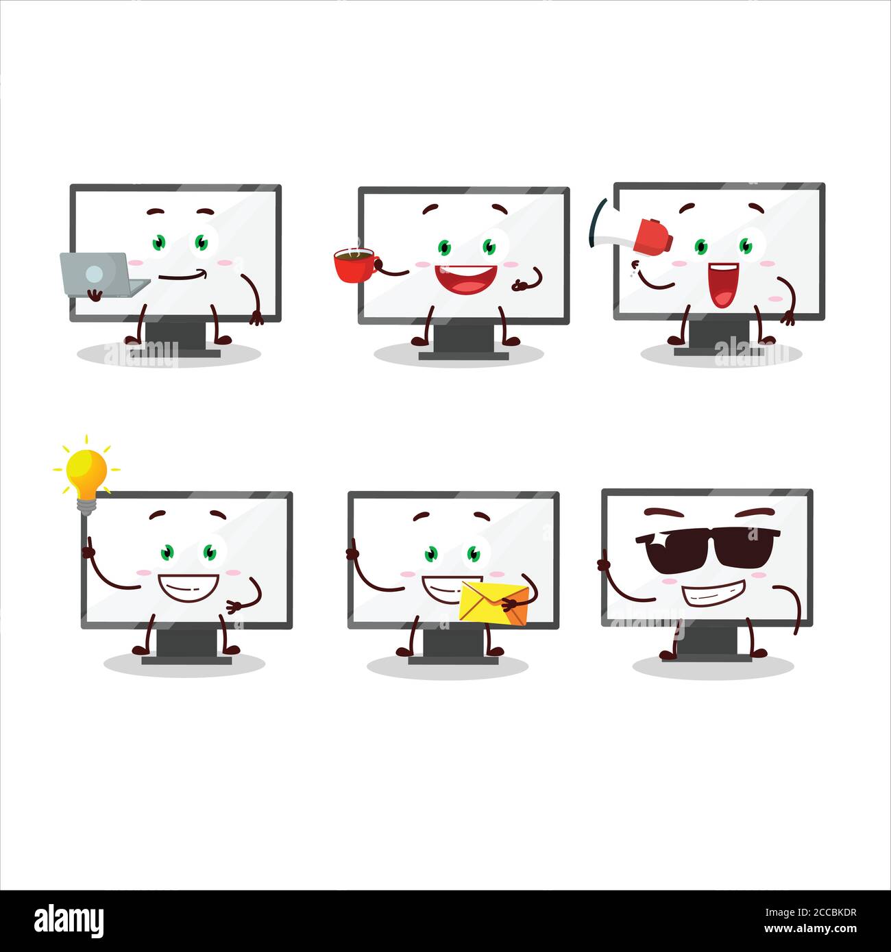 Monitor cartoon character with various types of business emoticons ...