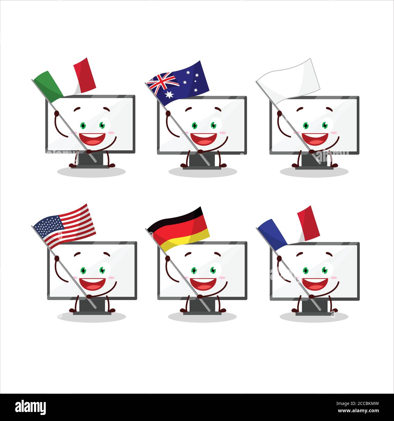 Monitor cartoon character bring the flags of various countries Stock ...