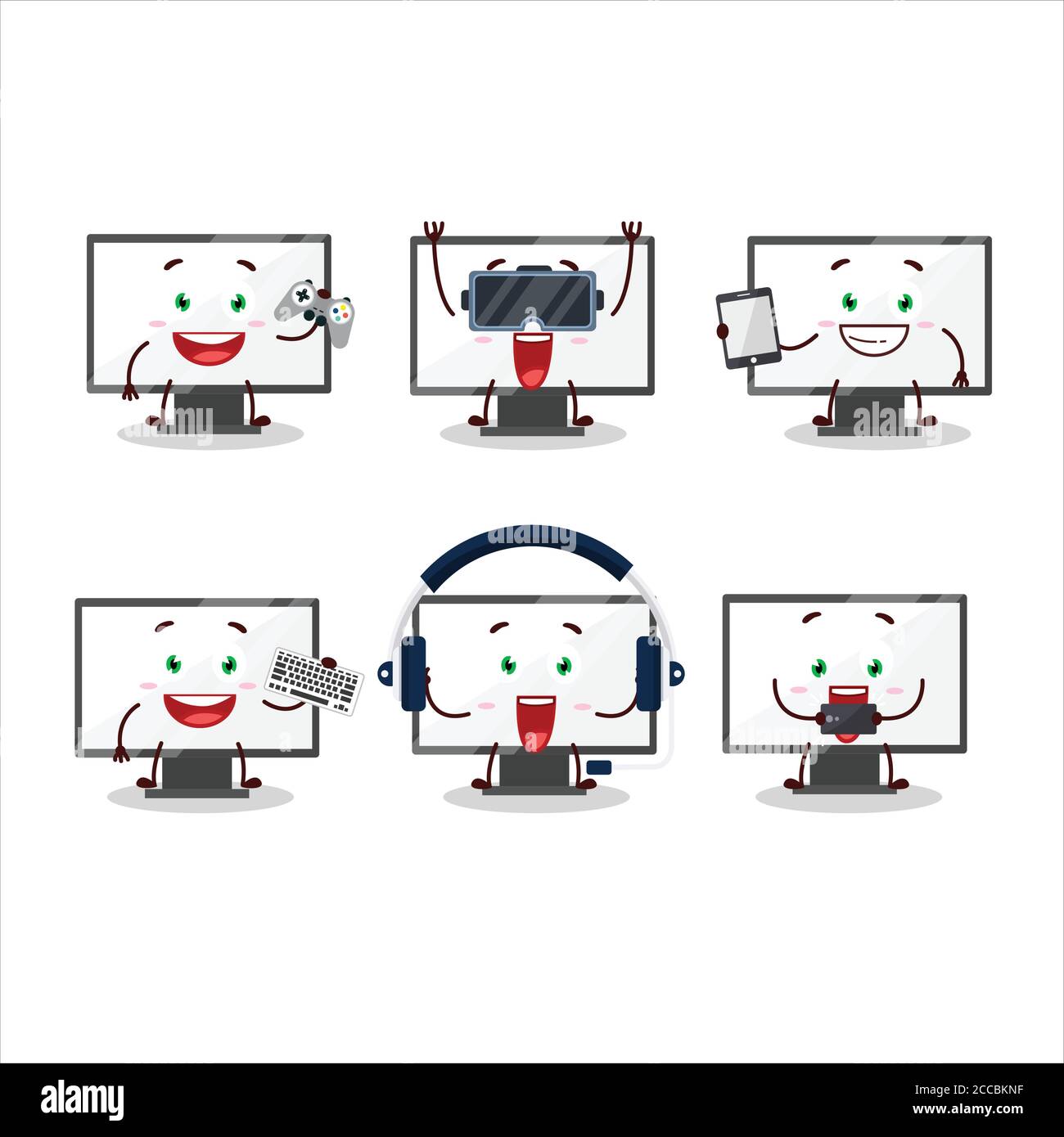 Monitor cartoon character are playing games with various cute emoticons ...