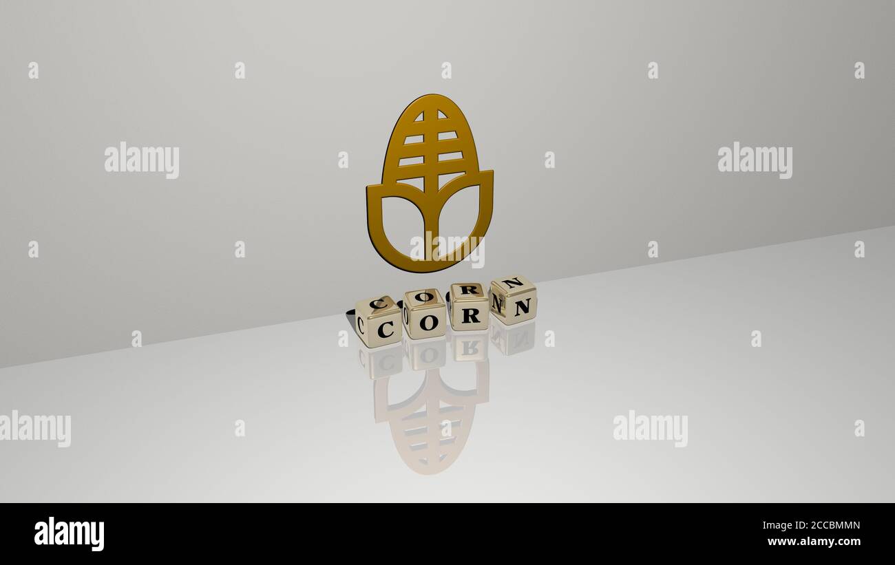 corn text of cubic dice letters on the floor and 3D icon on the wall ...