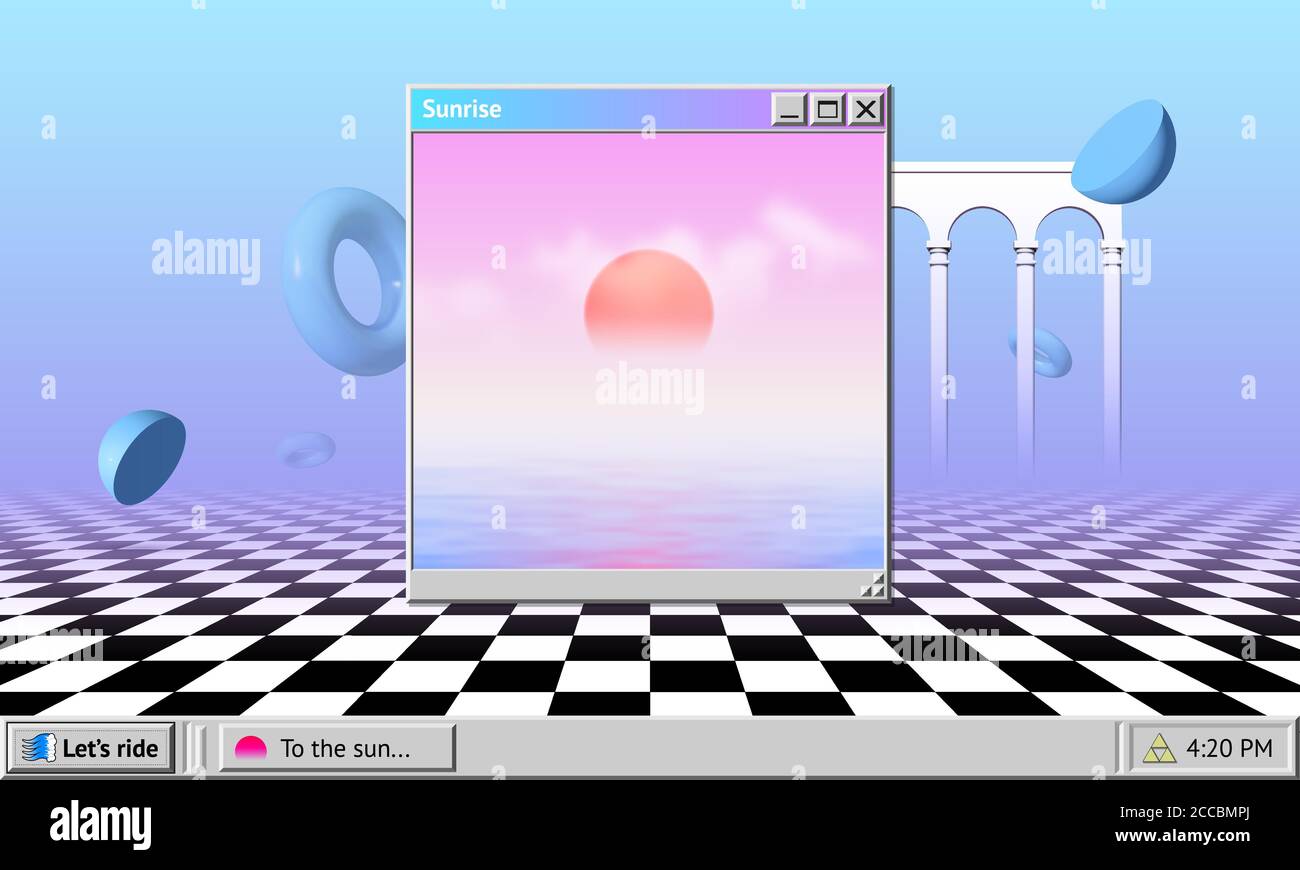 Vaporwave abstract background with OS window with sunrise and interface ...