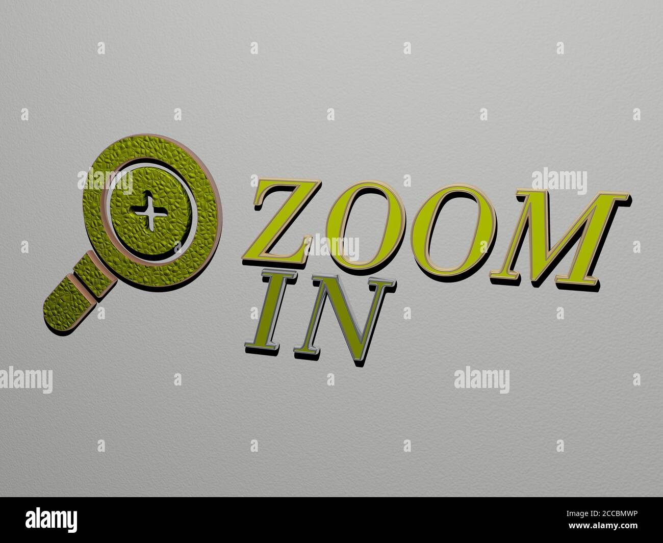 ZOOM IN icon and text on the wall, 3D illustration Stock Photo - Alamy