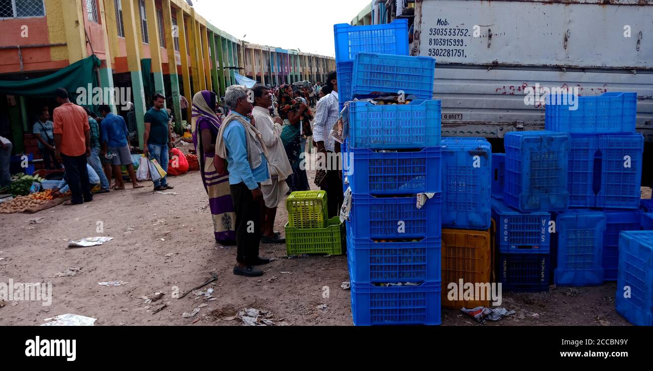 DISTRICT KATNI, INDIA - AUGUST 07, 2019: Empty vegetable carats kept ...