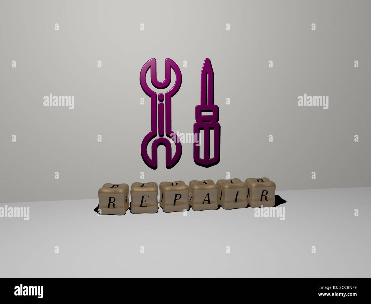REPAIR 3D icon on the wall and cubic letters on the floor, 3D ...