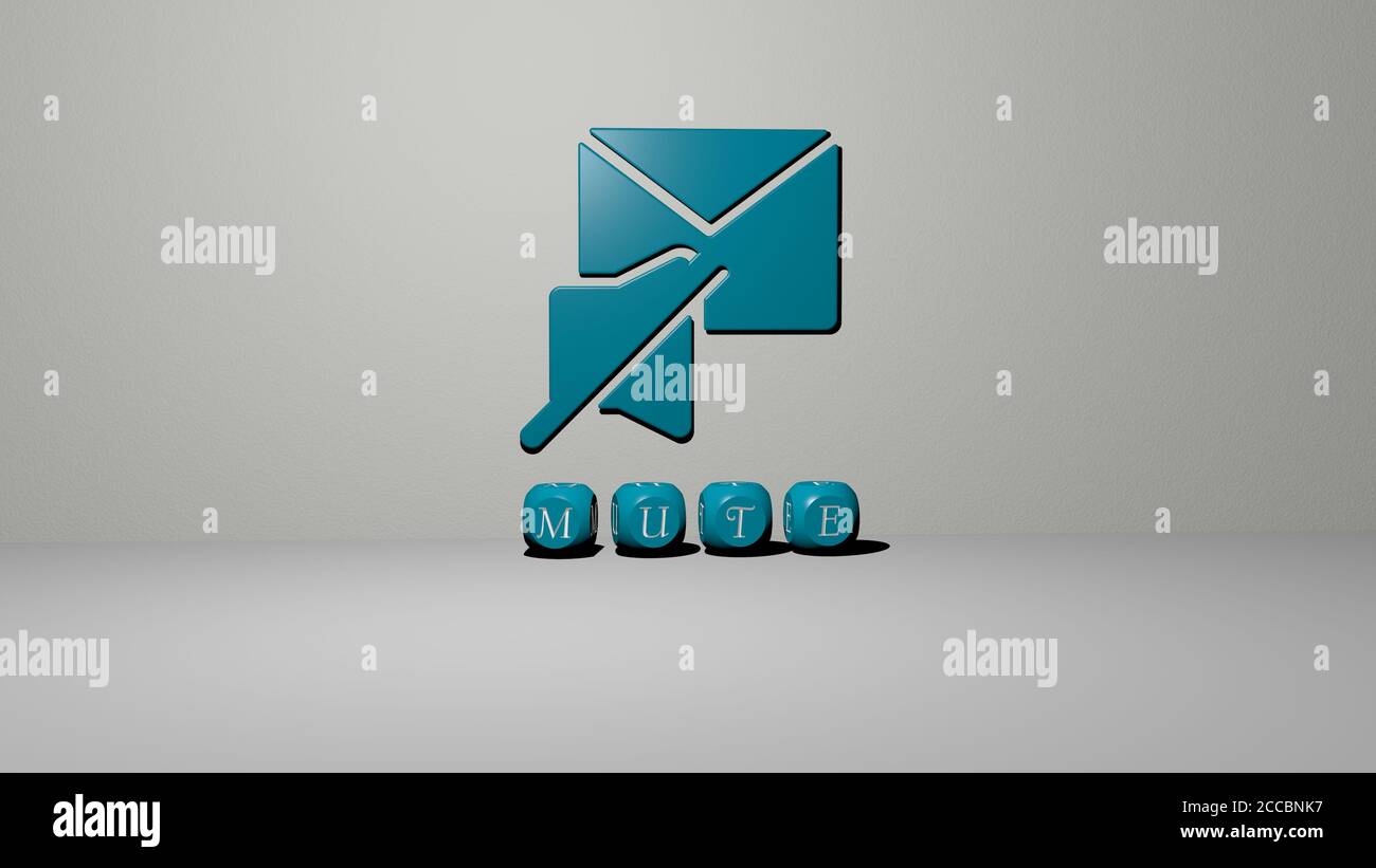 MUTE 3D icon on the wall and text of cubic alphabets on the floor, 3D ...