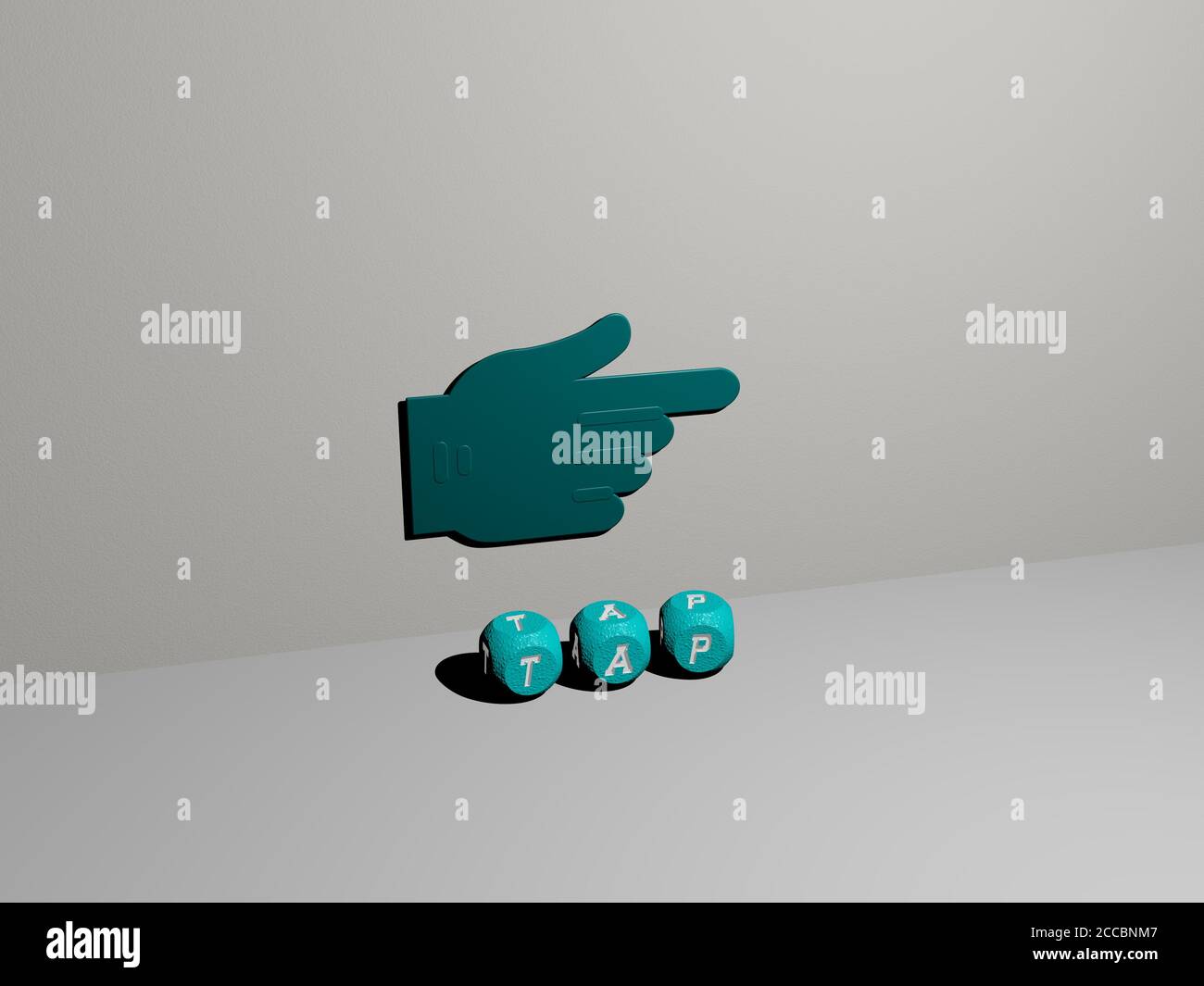 tap 3D icon on the wall and text of cubic alphabets on the floor, 3D ...