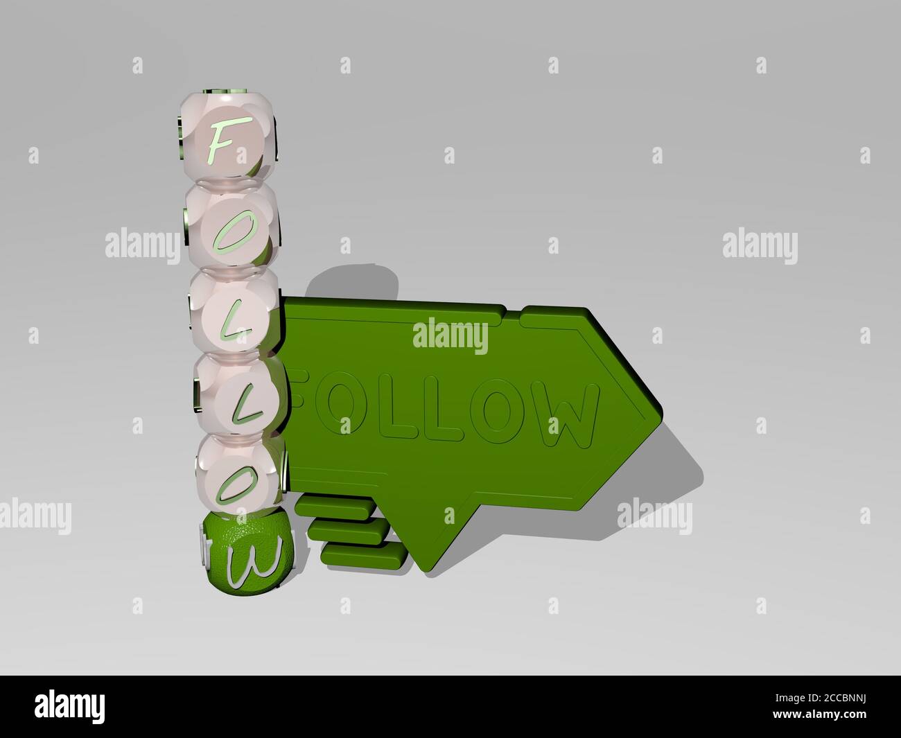 3D representation of FOLLOW with icon on the wall and text arranged by ...