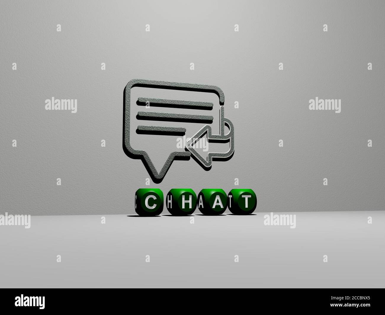 3D illustration of CHAT graphics and text made by metallic dice letters ...