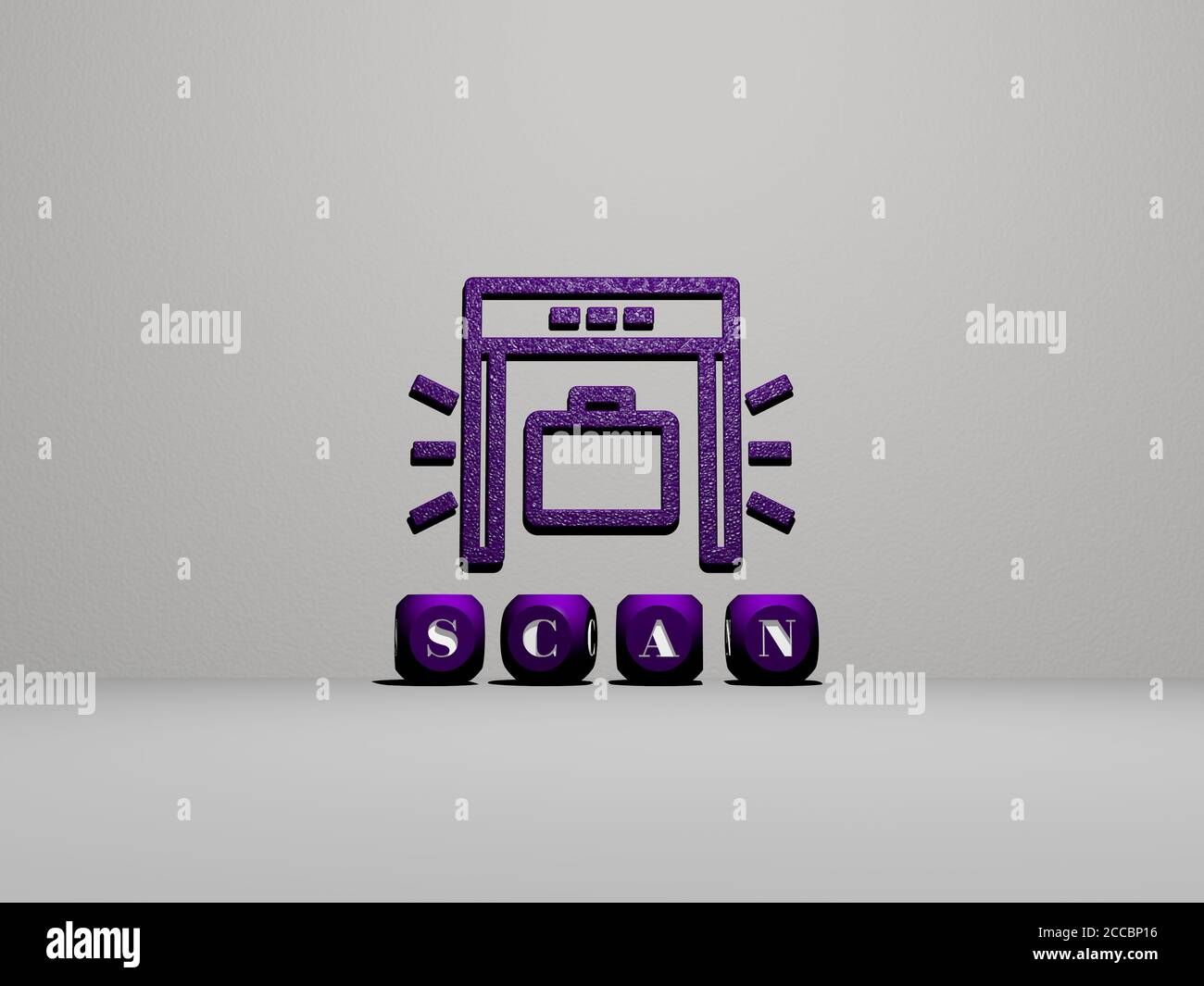 3D illustration of scan graphics and text made by metallic dice letters ...