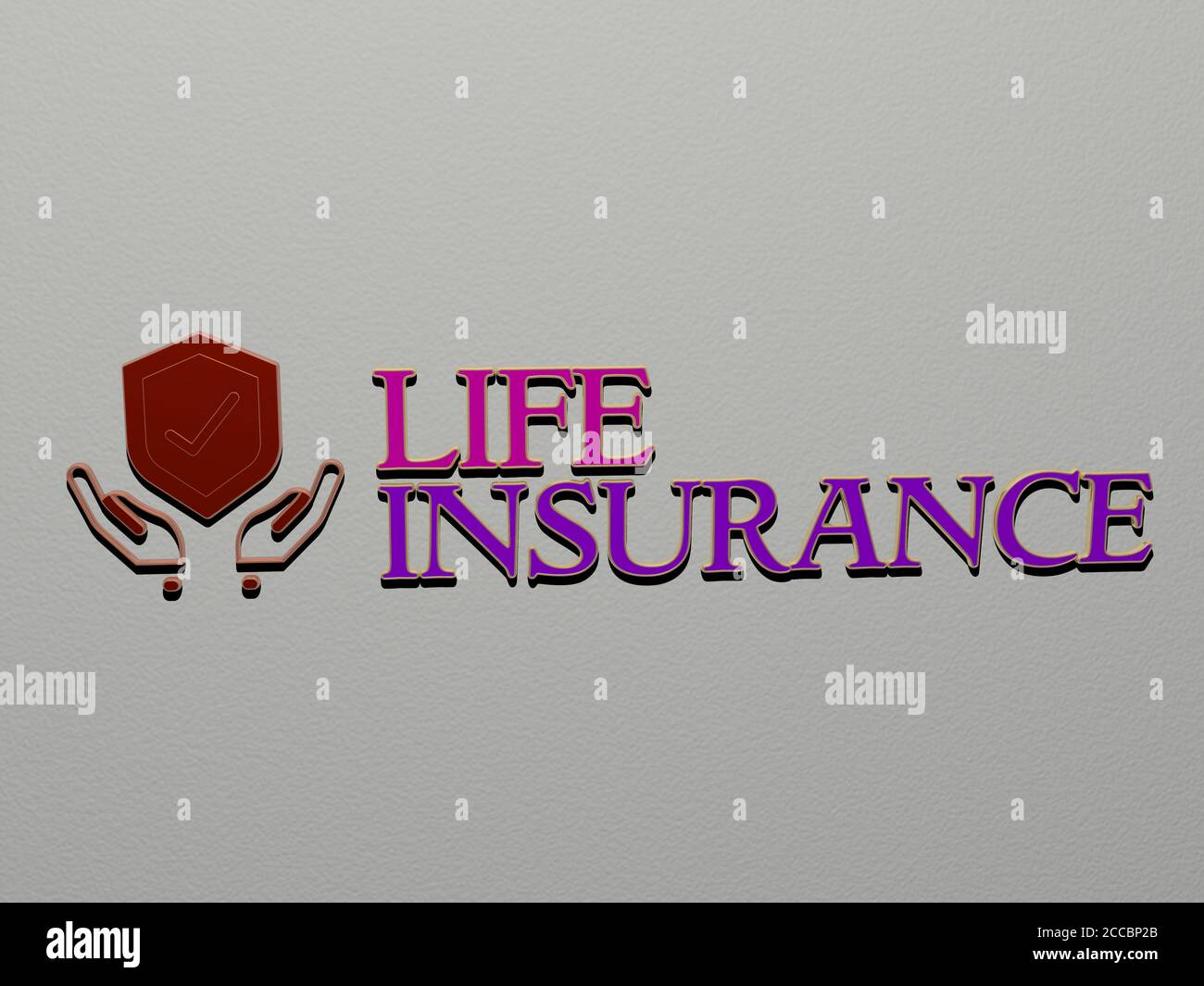 3D representation of LIFE INSURANCE with icon on the wall and text ...