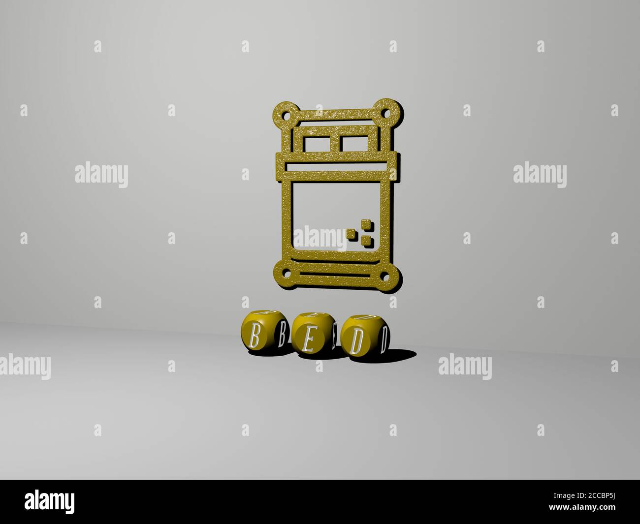 3D illustration of bed graphics and text made by metallic dice letters ...