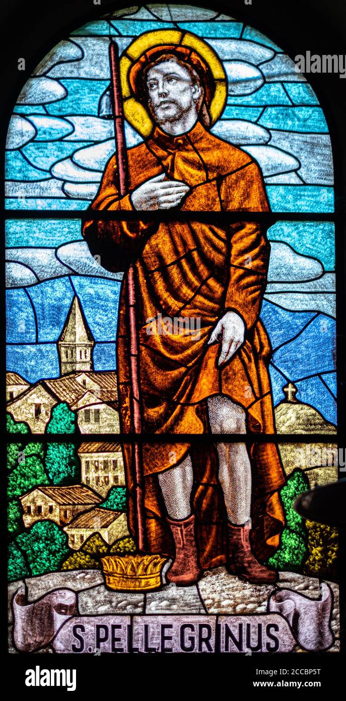 coloured stained glass of Saint Peregrine Stock Photo - Alamy