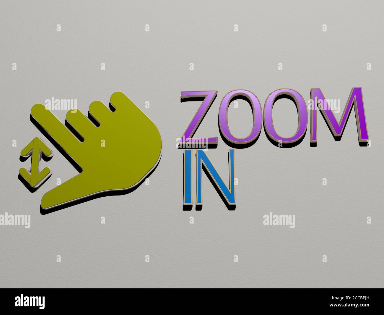 3D illustration of zoom in graphics and text made by metallic dice ...