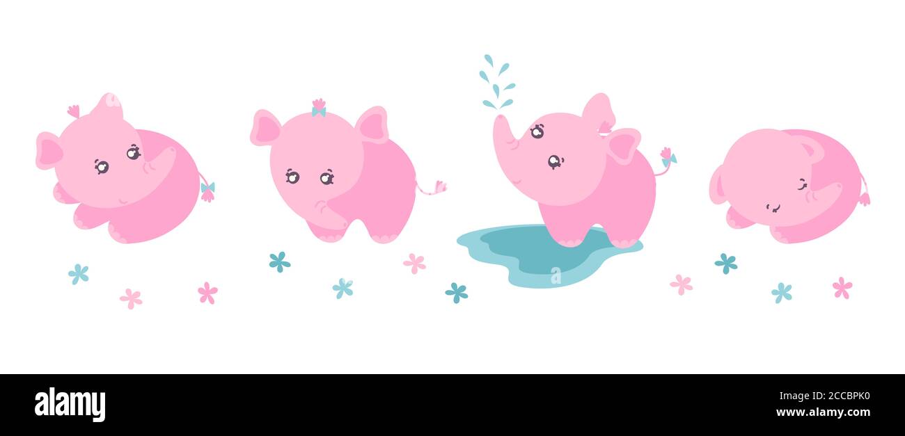 Set of four cute little elephants. Clipart with pink elephants for ...