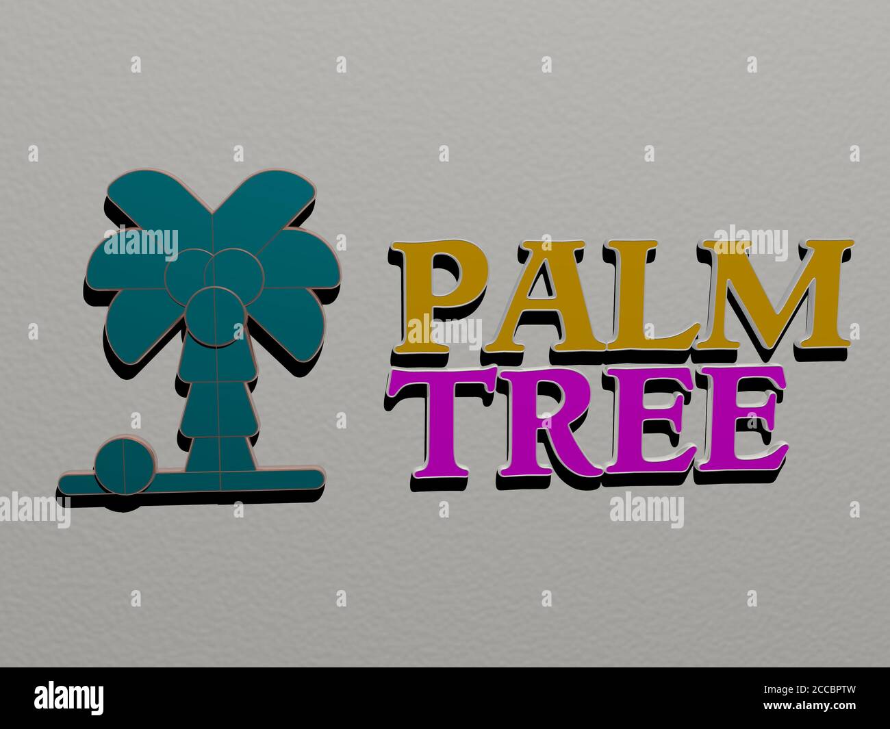 3D illustration of palm tree graphics and text made by metallic dice ...