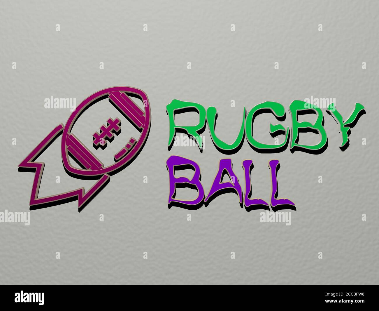 3D illustration of RUGBY BALL graphics and text made by metallic dice ...