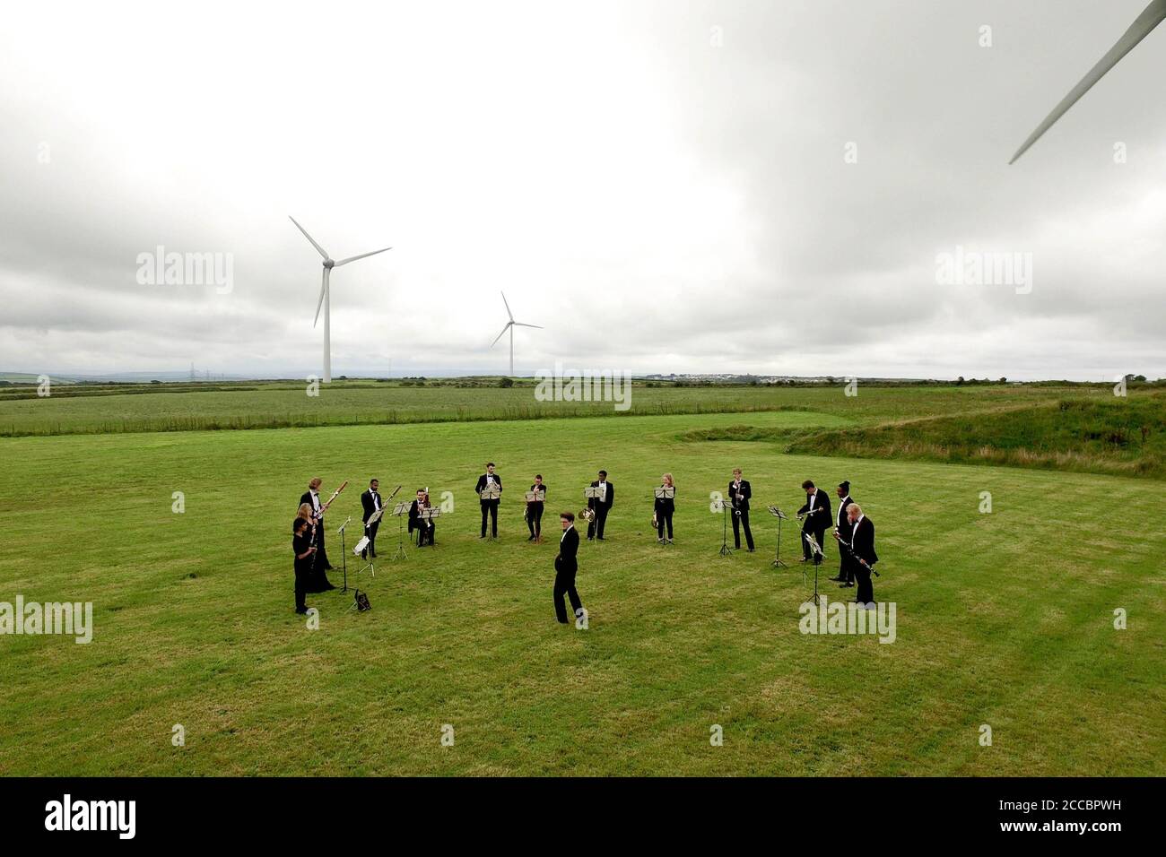 Aerial views of the Orchestra for the Earth performing at Good Energy's ...
