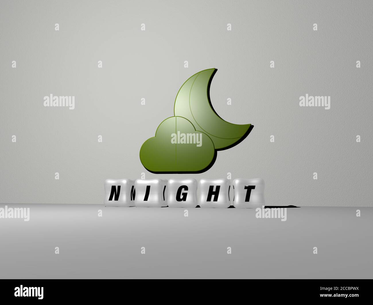 night 3D icon on the wall and cubic letters on the floor, 3D ...