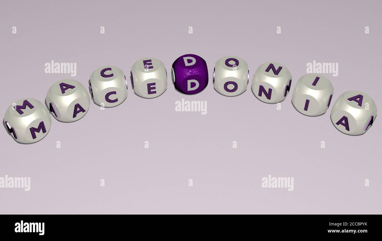 macedonia curved text of cubic dice letters, 3D illustration Stock ...