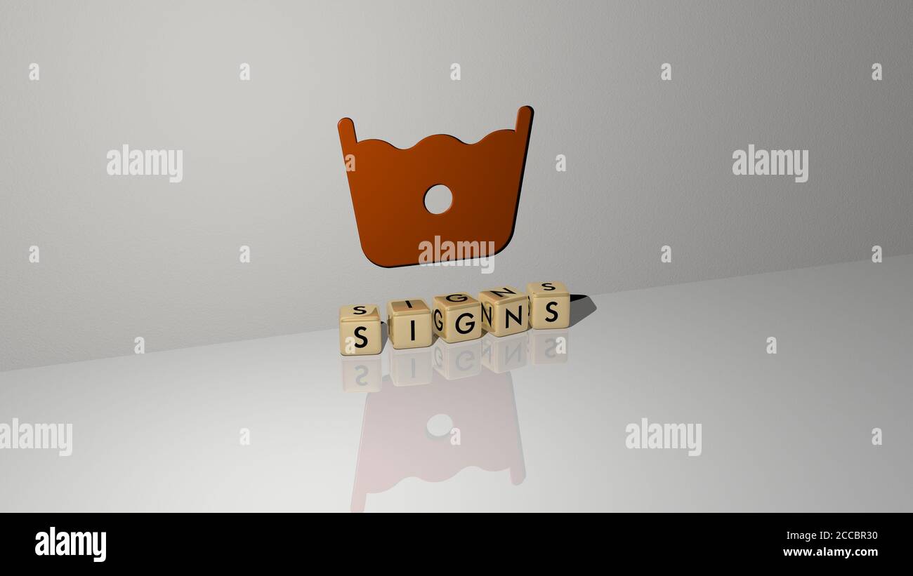 SIGNS text of cubic dice letters on the floor and 3D icon on the wall ...