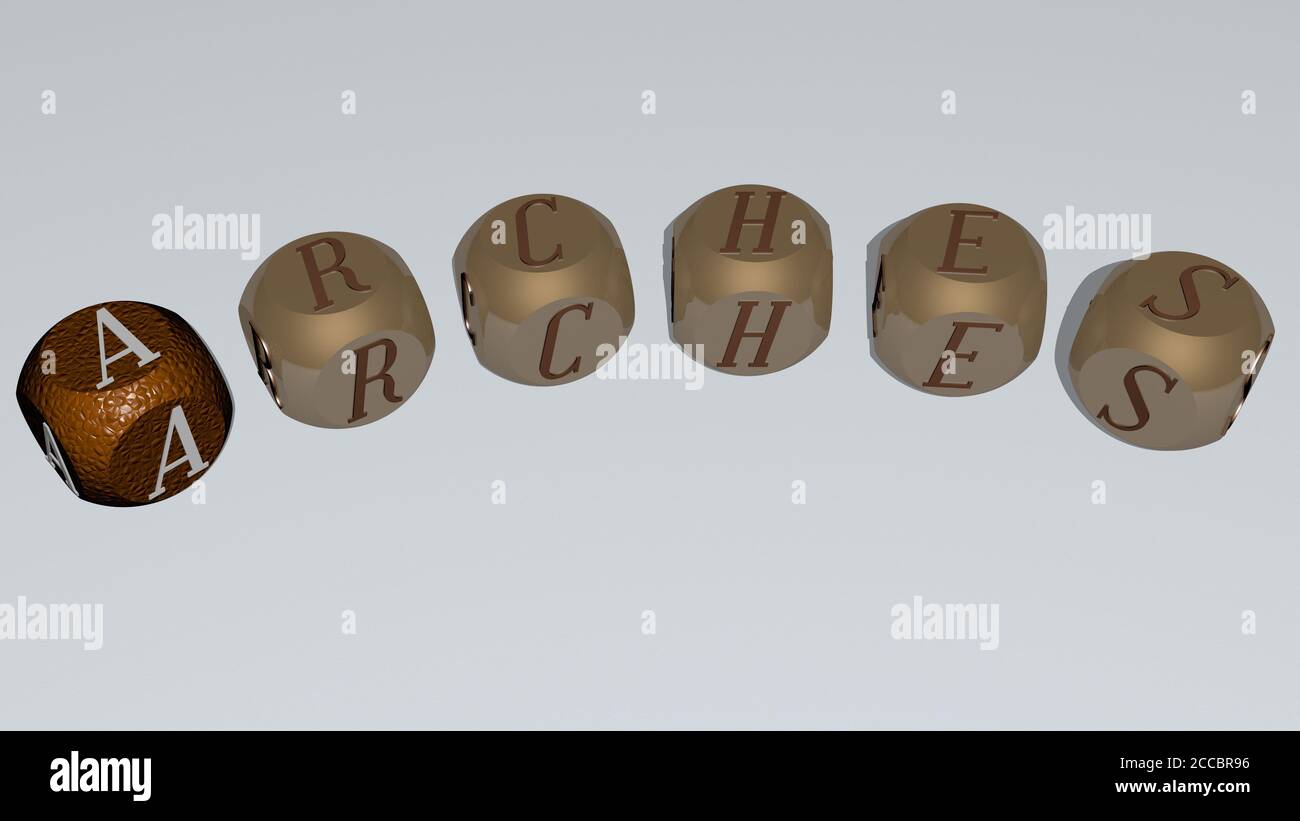 ARCHES curved text of cubic dice letters, 3D illustration Stock Photo ...