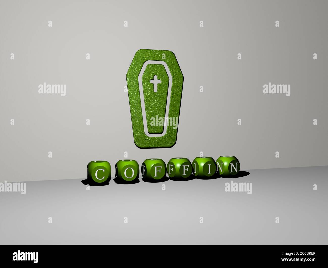 3D representation of COFFIN with icon on the wall and text arranged by ...