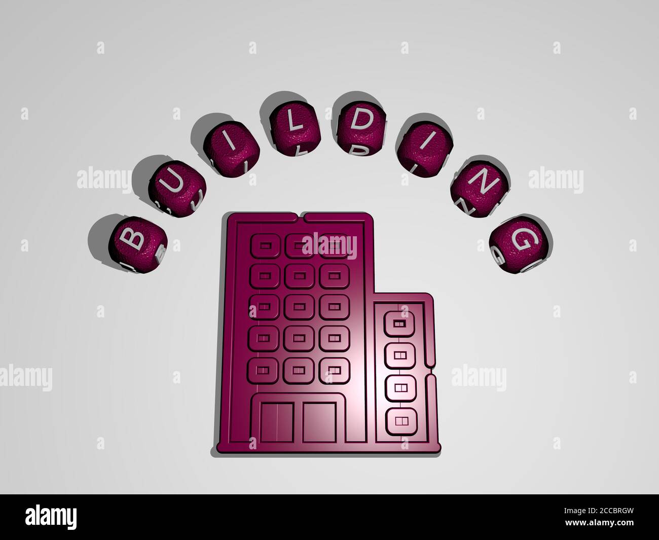 BUILDING icon surrounded by the text of individual letters, 3D ...