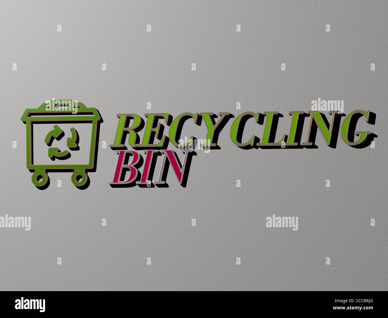 3D illustration of RECYCLING BIN graphics and text made by metallic ...