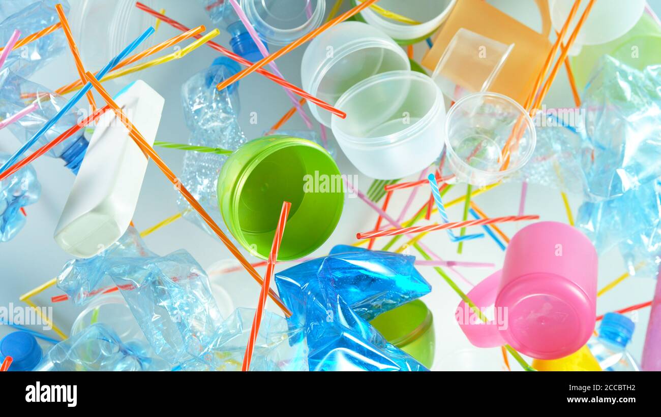 Pile of flying empty plastic waste, concept of plastical pollution ...