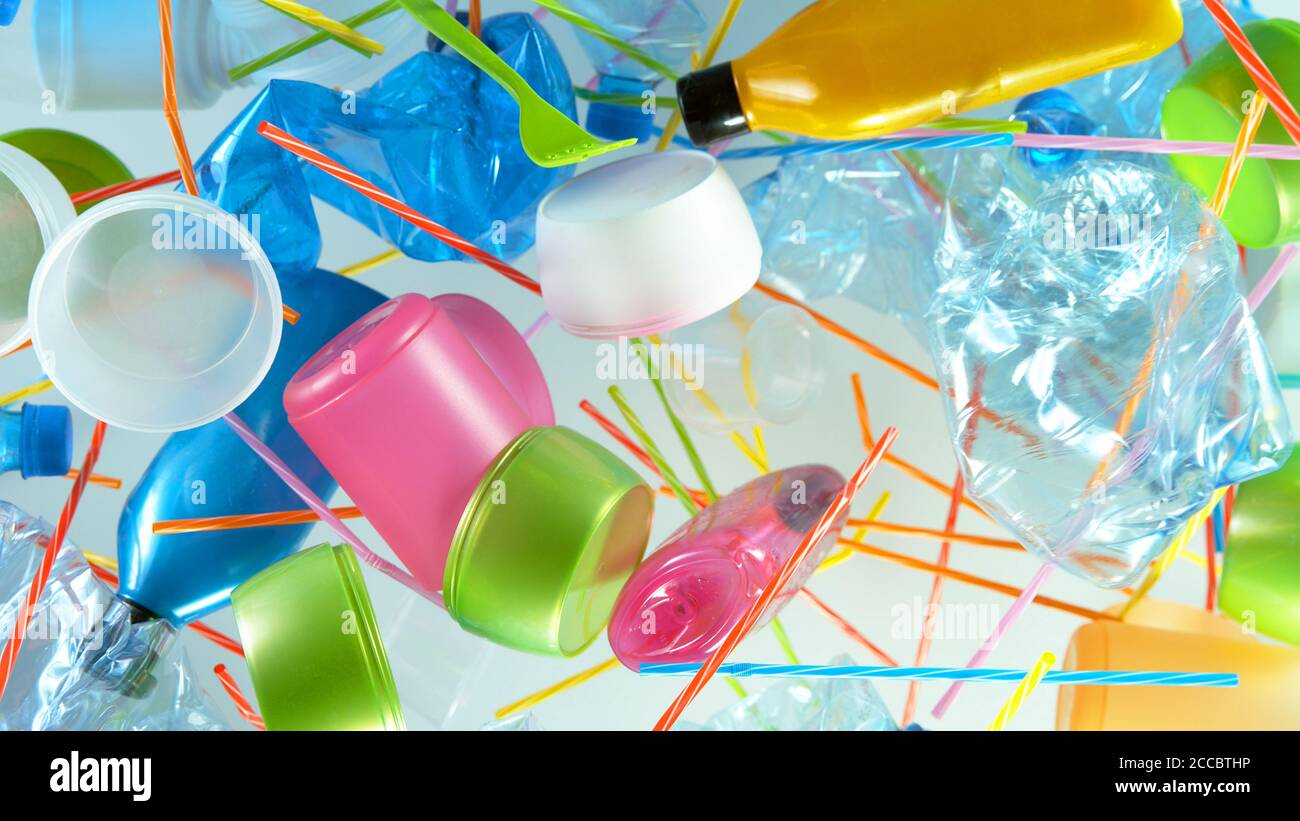 Pile of flying empty plastic waste, concept of plastical pollution ...