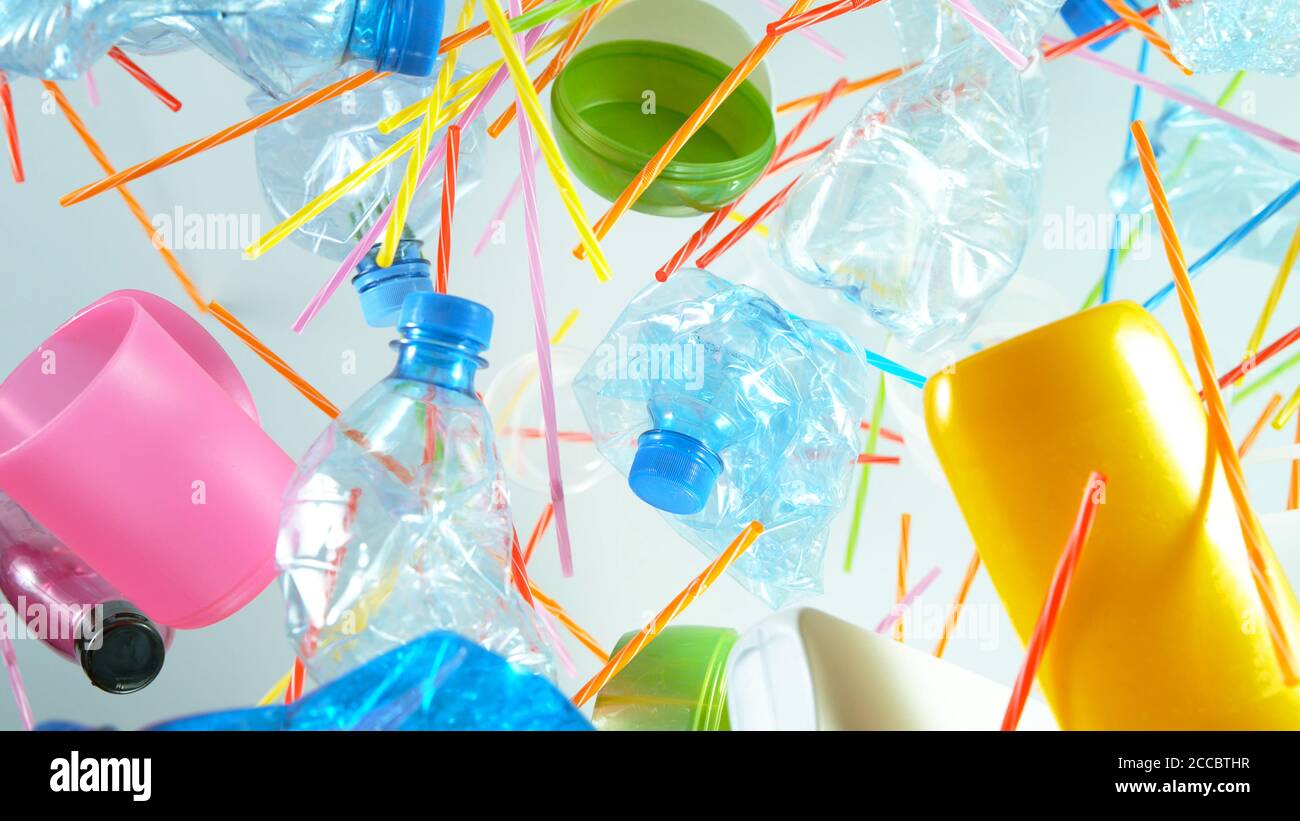 Pile of flying empty plastic waste, concept of plastical pollution ...