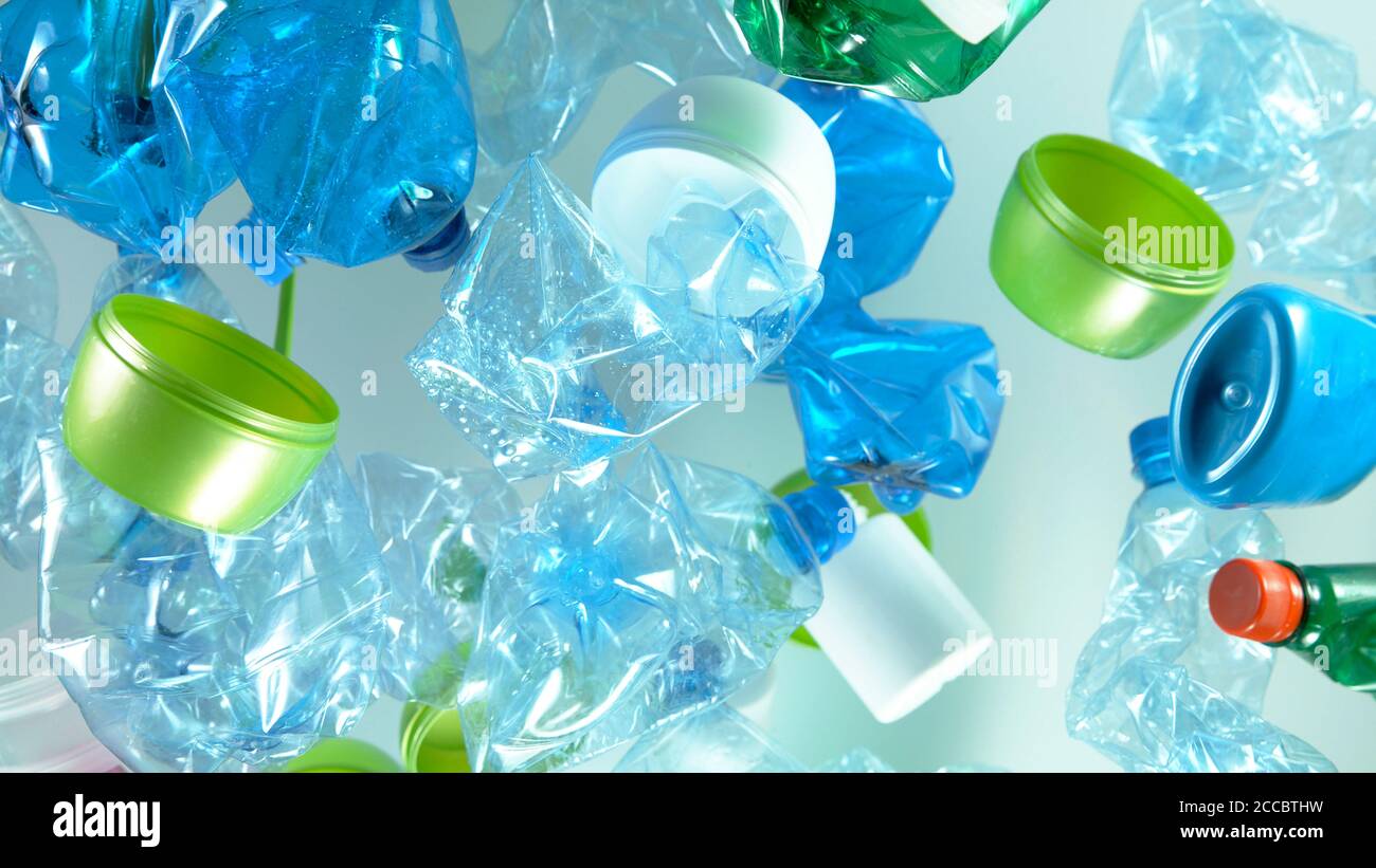 Pile of flying empty plastic waste, concept of plastical pollution ...