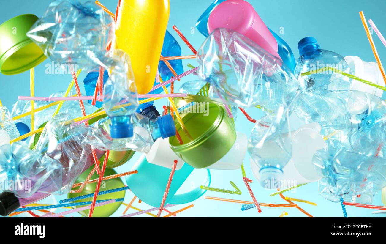 Pile of flying empty plastic waste, concept of plastical pollution ...