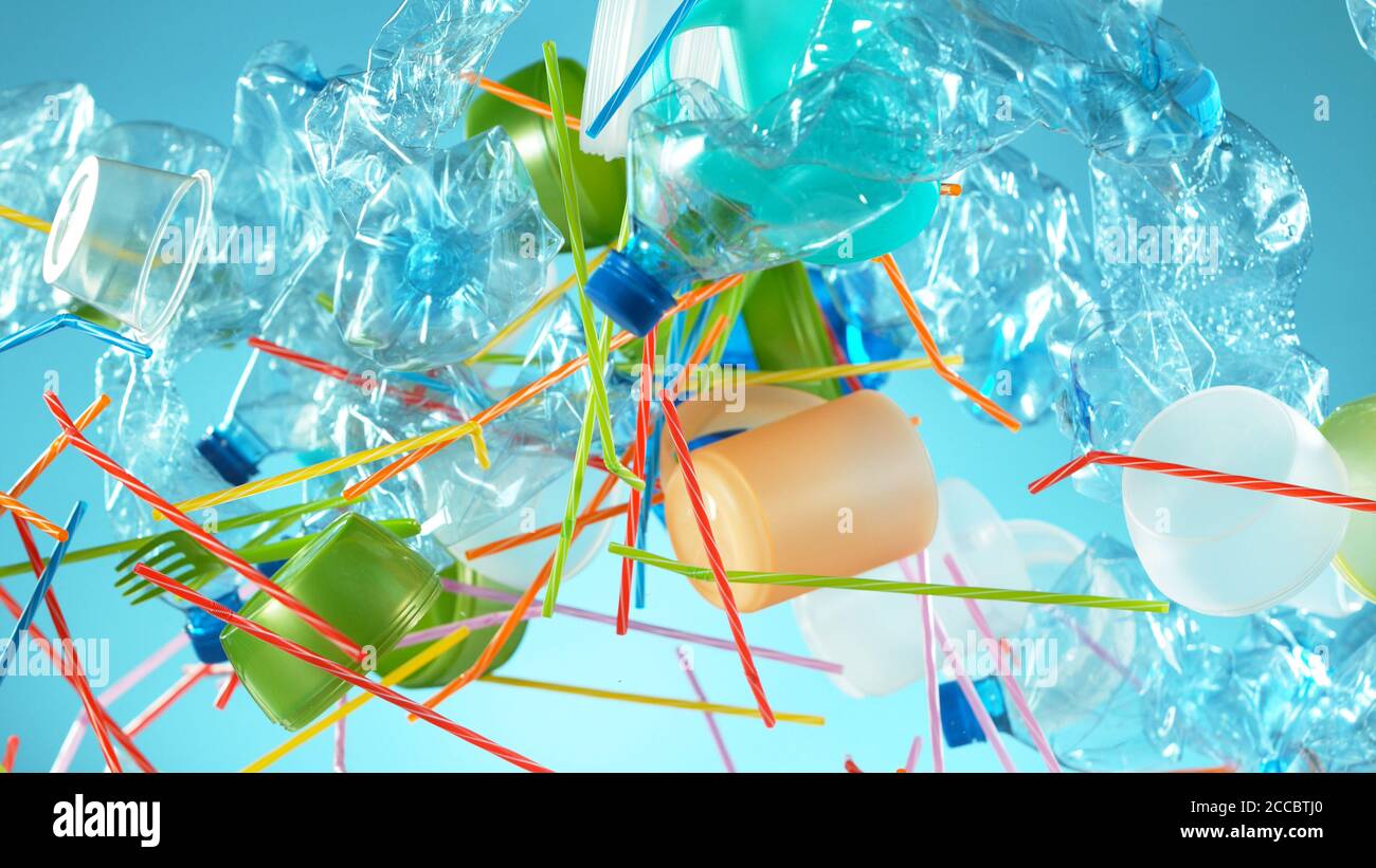 Pile of flying empty plastic waste, concept of plastical pollution ...