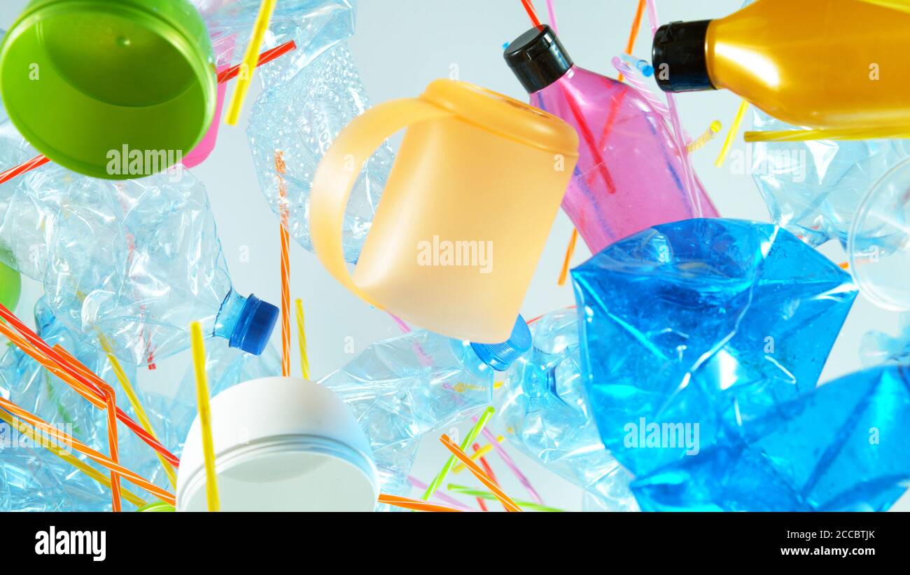 Pile of flying empty plastic waste, concept of plastical pollution ...