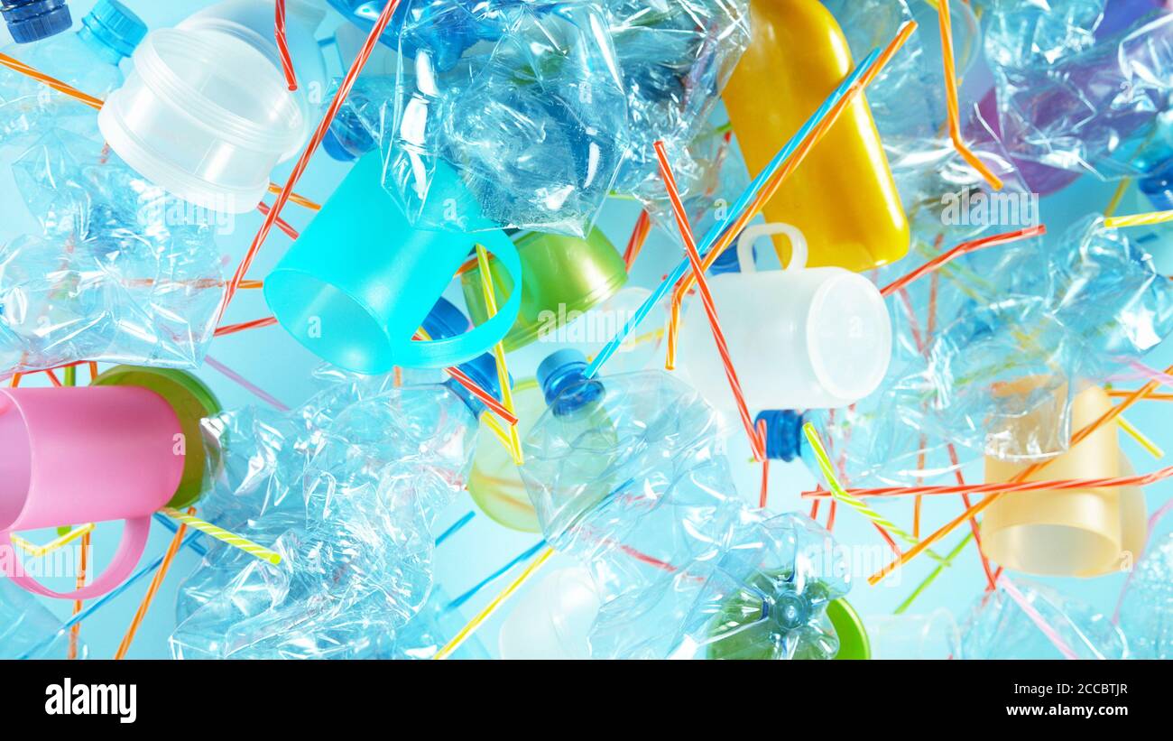 Pile of flying empty plastic waste, concept of plastical pollution ...