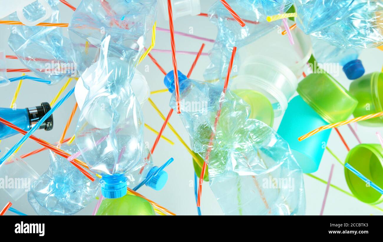 Pile of flying empty plastic waste, concept of plastical pollution ...