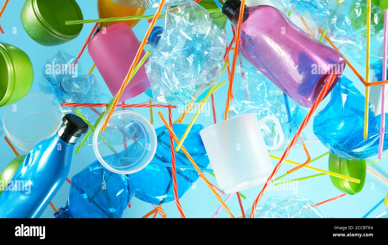 Pile of flying empty plastic waste, concept of plastical pollution ...