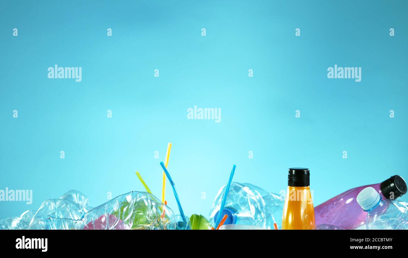 Pile of empty plastic waste, concept of plastical pollution. Free space ...