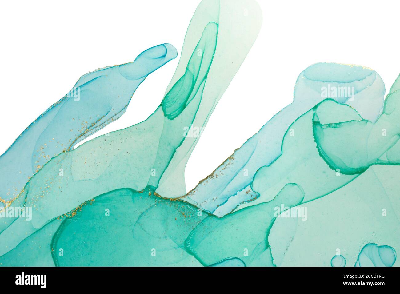 Alcohol ink blue and green transparent stains on white background Stock ...