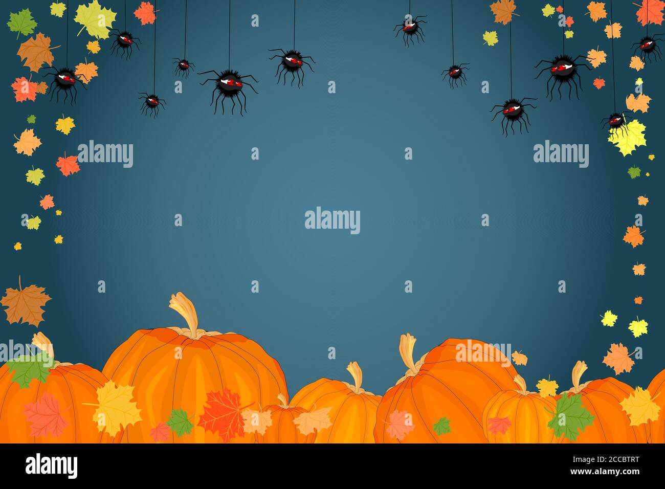 Holiday border with pumpkins,spiders and autumn leaves isolated on dark ...