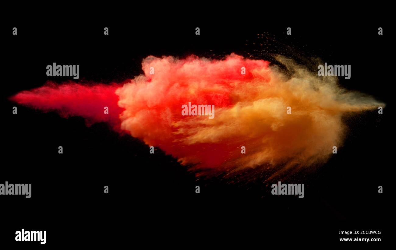 Collision of colored powder isolated on black background. Abstract ...